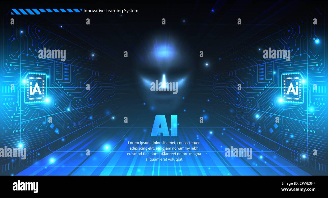 AI technology concept artificial human face in 3D outer space room with ...