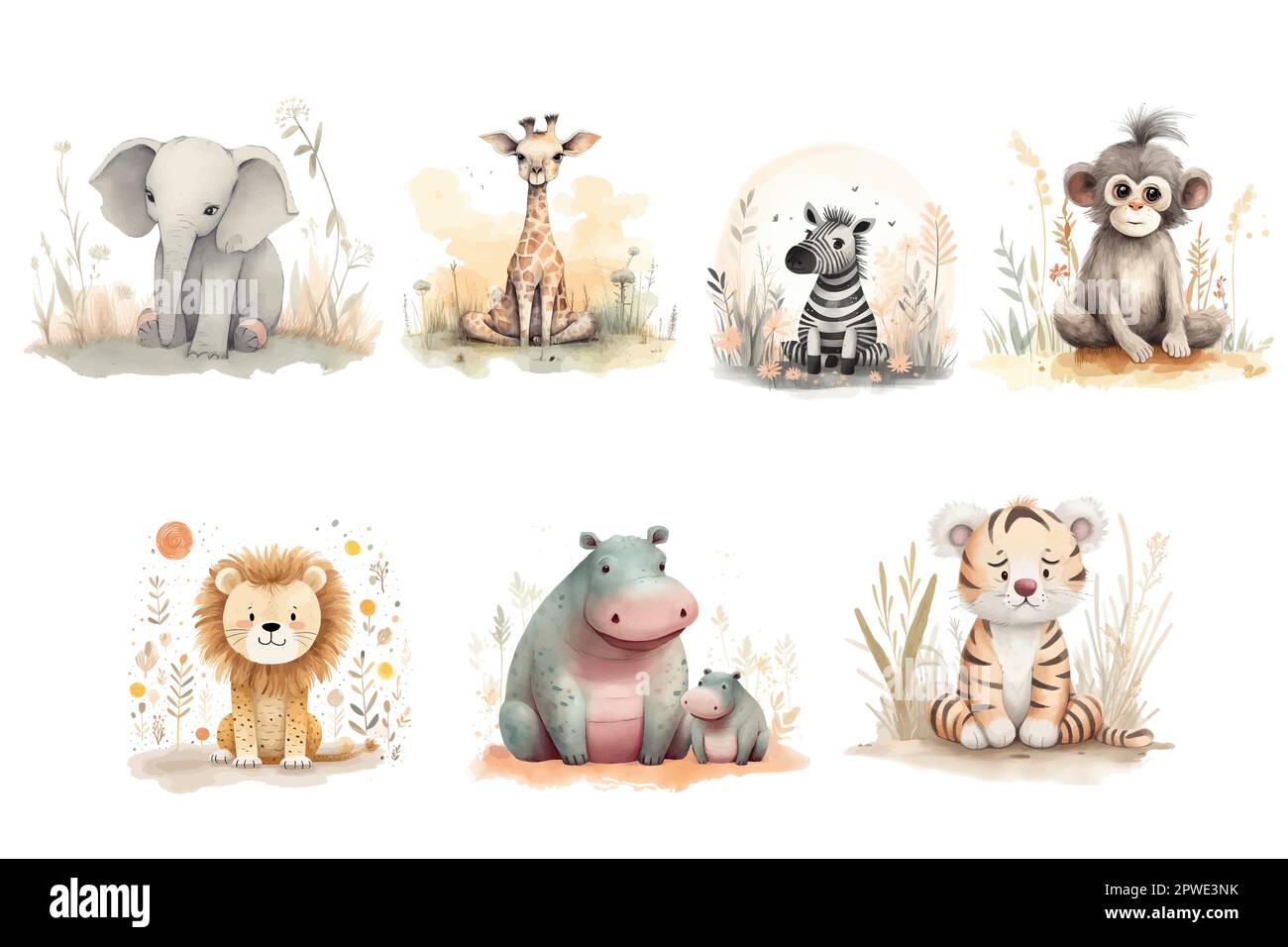 Safari Animal set lion, hippopotamus, elephant, and giraffe, zebra in ...