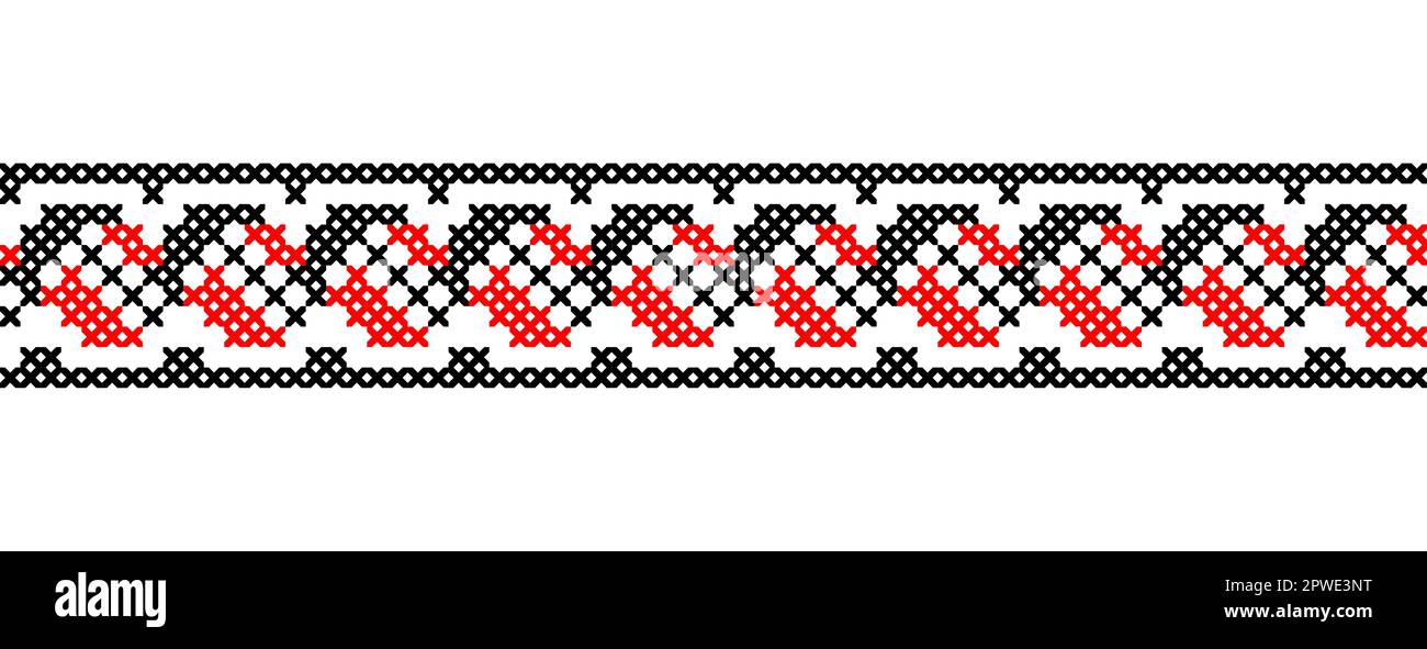 Ukrainian embroidery border pattern in red and black colors. Pixel art ...