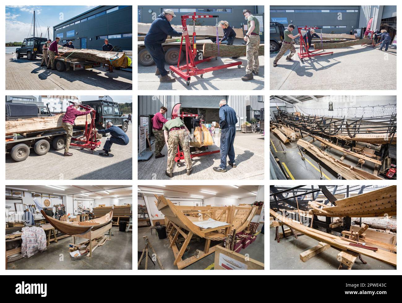 A photo story compilation of nine photos showing unloading of oak ...