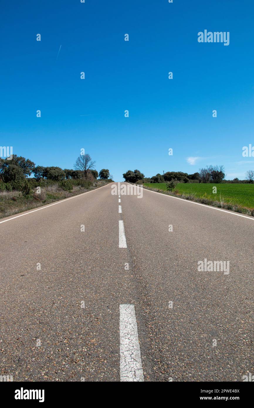 Straight asphalt road with its continuous and broken paint lines Stock ...