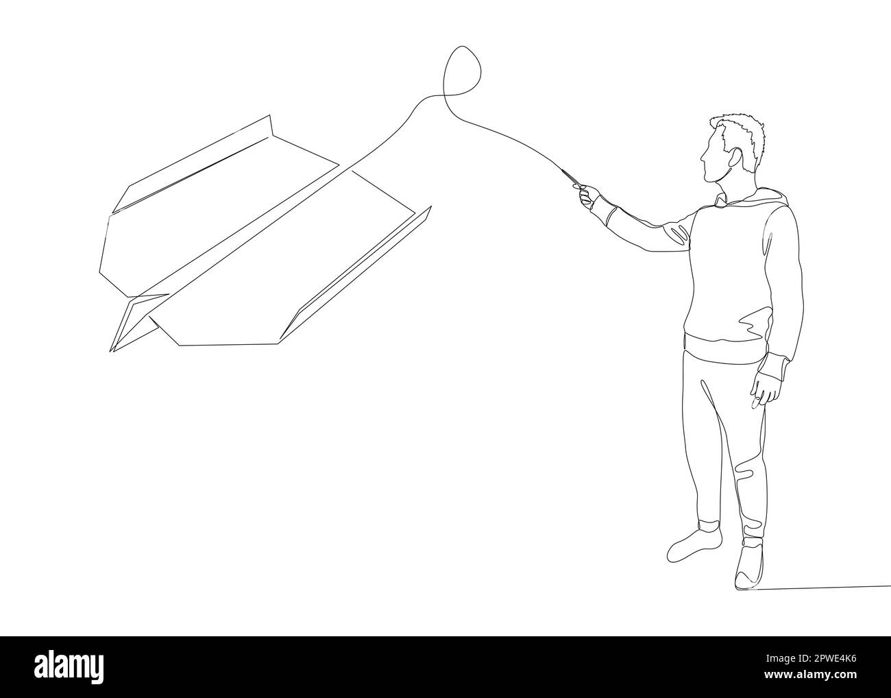 One Continuous Line Of Man Pointing With Finger At Paper Airplane Thin Line Illustration Vector