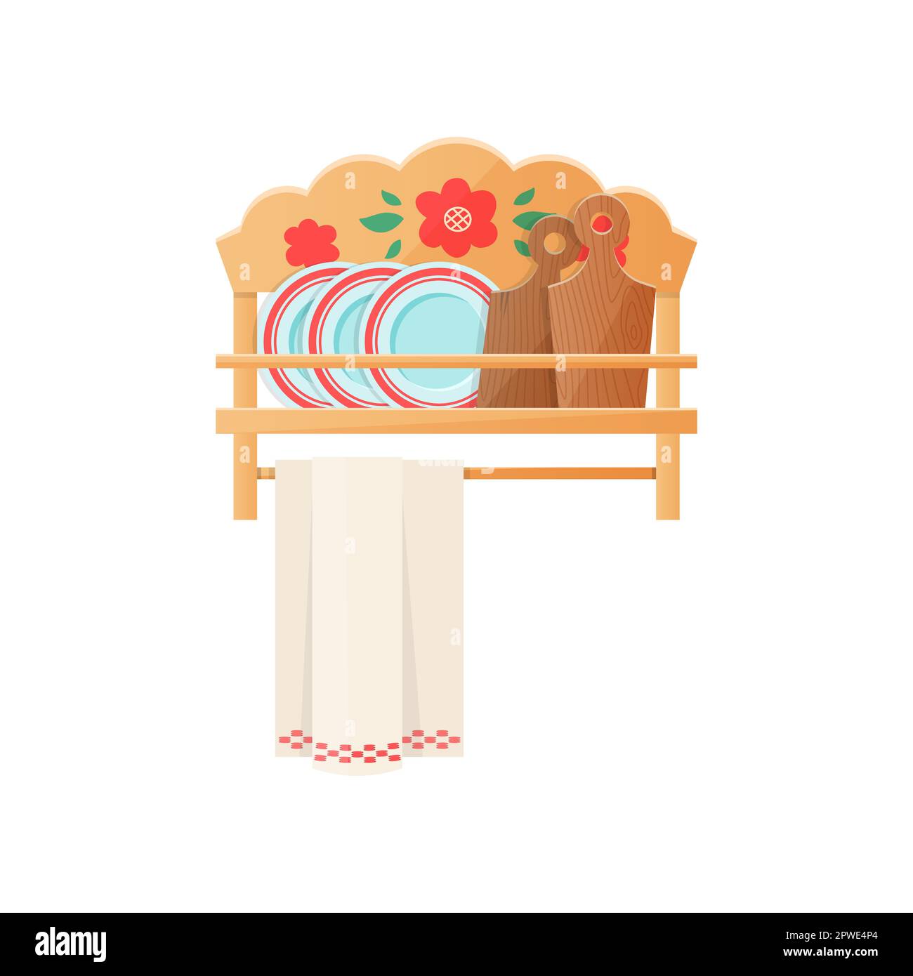 Old Russian kitchen shelf with utensils vector illustration Stock ...