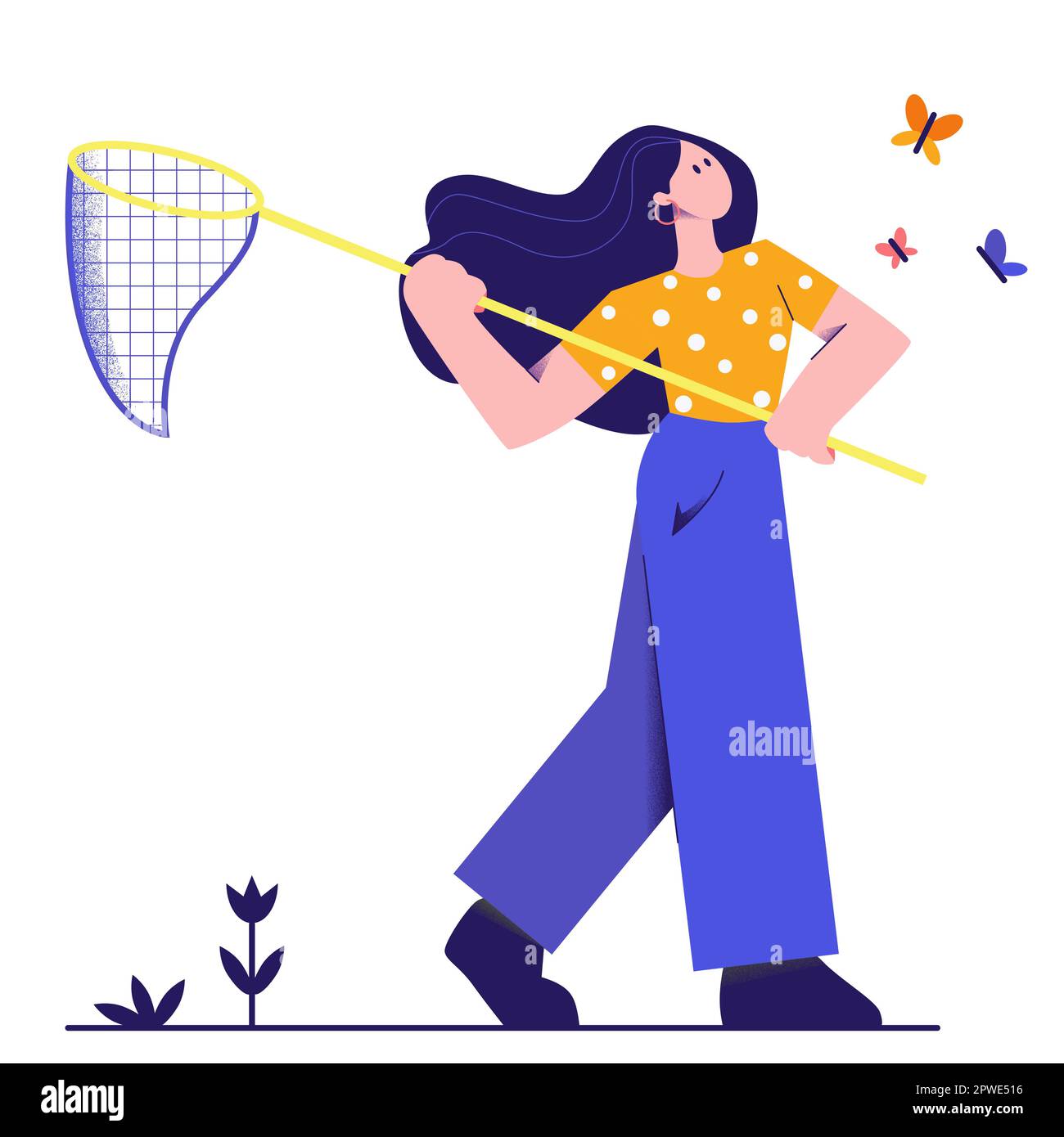 Girl catching butterflies with net. Vector flat illustration on white ...