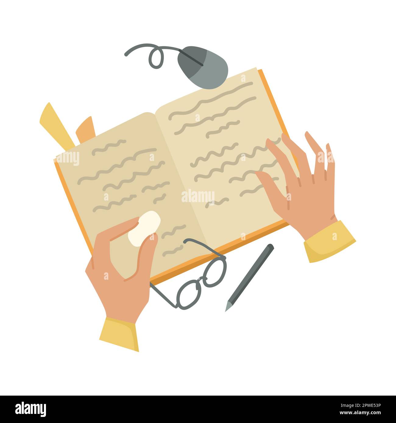 Hands of person writing in diary or notebook vector illustration Stock ...