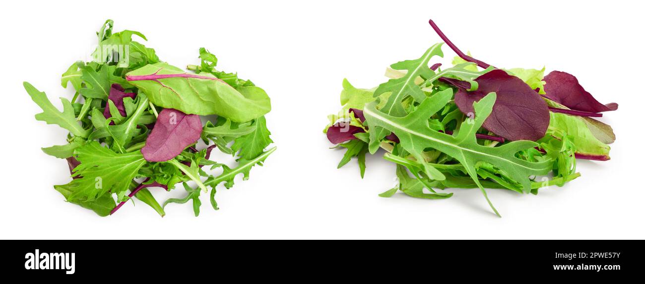 Mix of different salads isolated on white background. Top view. Flat ...