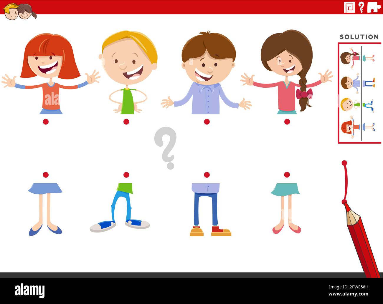 Cartoon illustration of educational game of matching halves of pictures ...