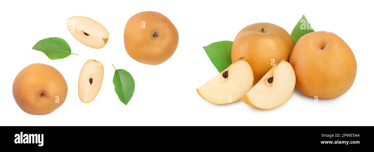 Fresh asian pear with leaves isolated on white background. Top view ...