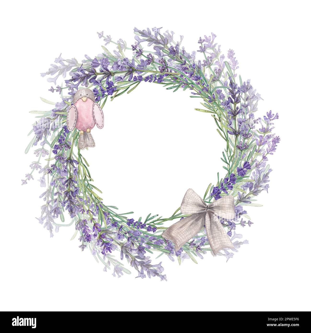 Round frame of Provencal lavender flowers with decorations. Watercolor ...