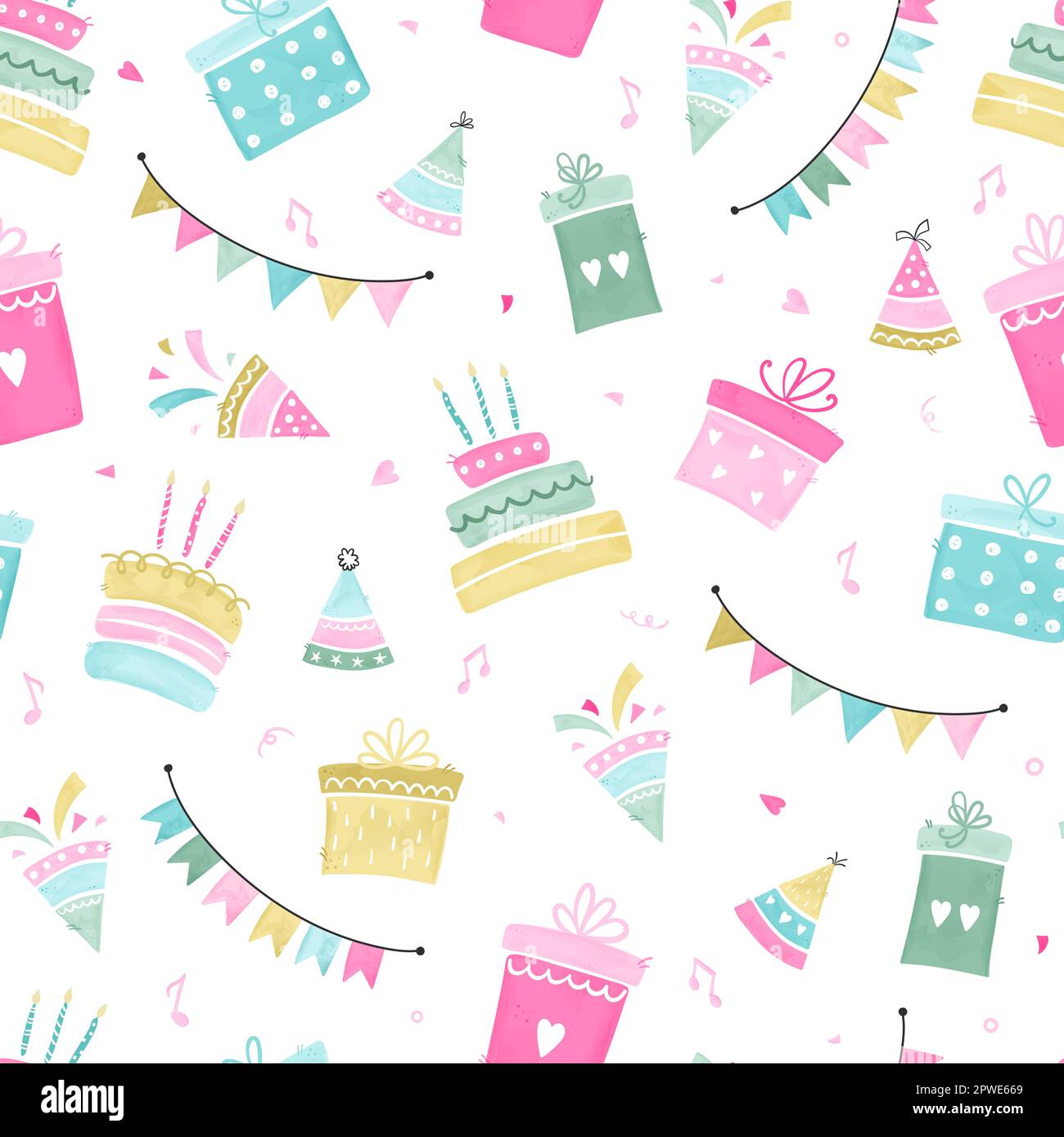 Fun hand drawn party seamless background with cakes, gift boxes ...