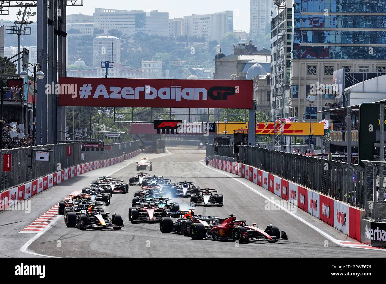 Baku, Azerbaijan. 30th Apr, 2023. Charles Leclerc (MON) Ferrari SF-23 leads at the start of the ...