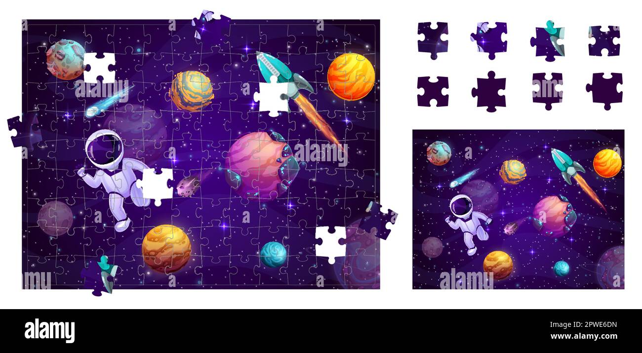 Jigsaw puzzle space game pieces. Cartoon planets, astronaut and rocket ...
