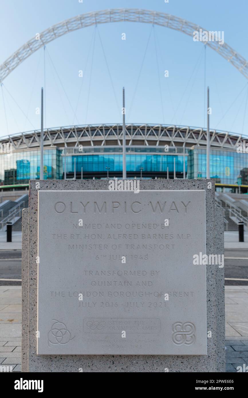 Wembley Stadium, London, UK. A new plaque at the stadium end of Olympic ...