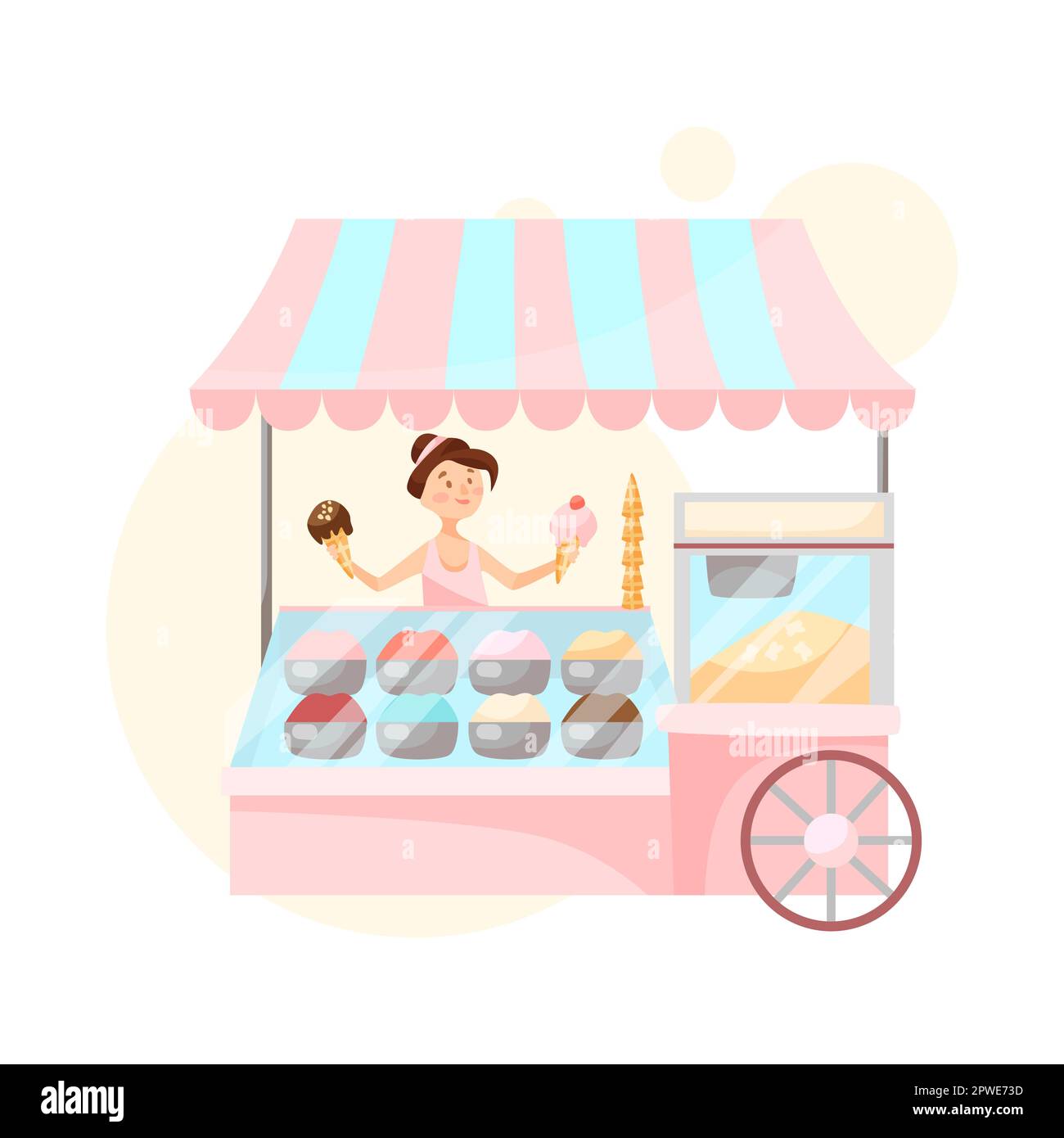 Fair booth with ice cream and popcorn and female seller Stock Vector ...