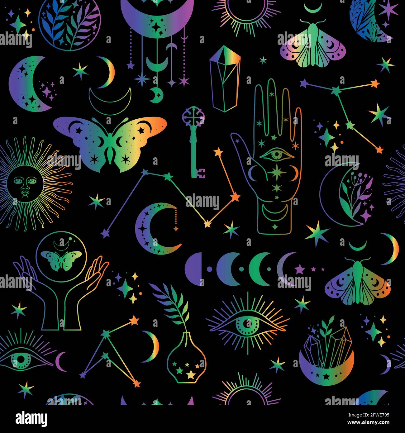 Seamless pattern Mystical moon icons phases and woman hands and moth ...