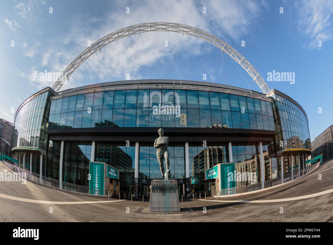 Fisheye of Wembley Stadium and the Bobby Moore Statue. Centenary '100 ...