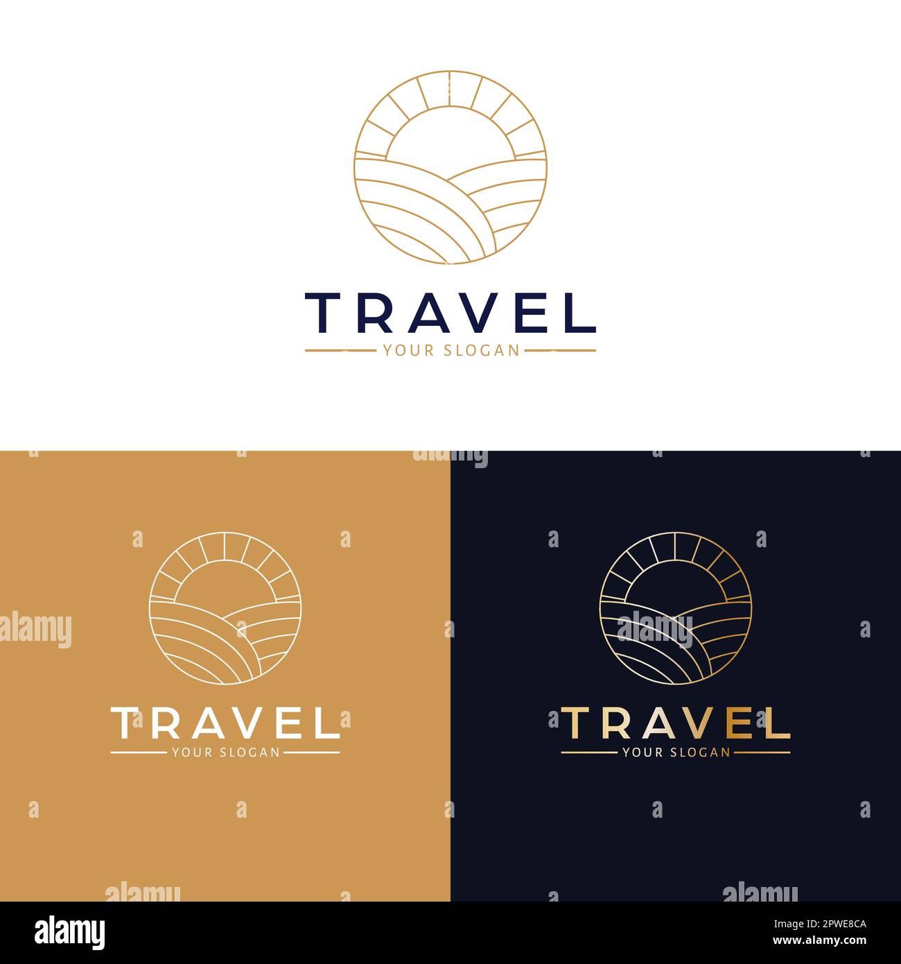Travel vector logo design. Sunset and field logotype. Landscape nature ...