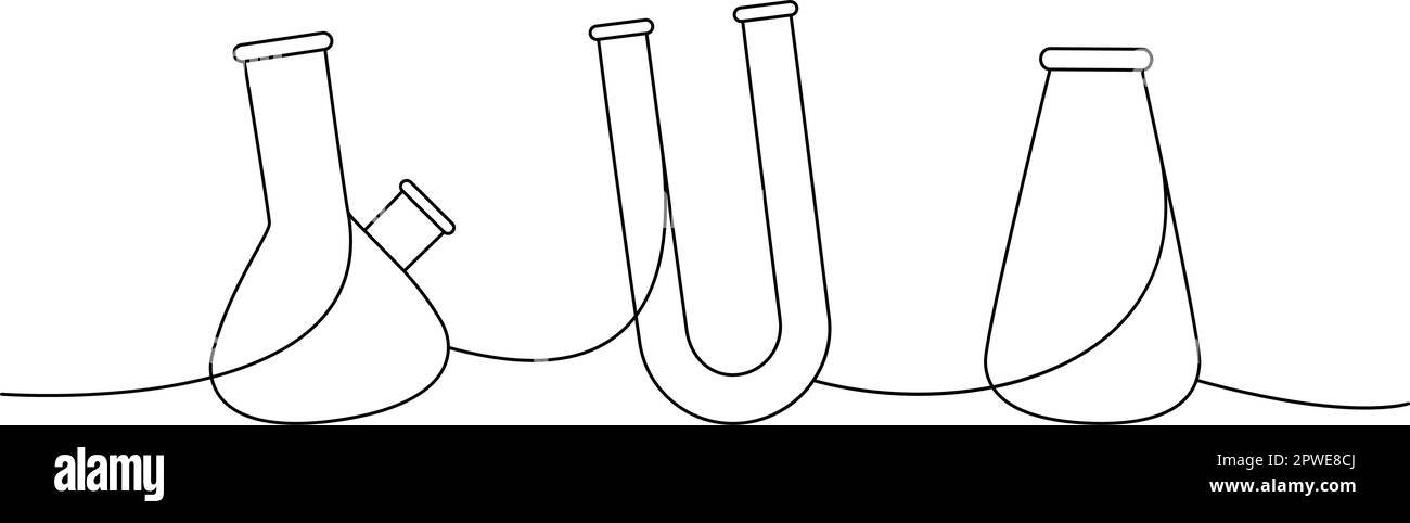 Lab glassware one line continuous drawing. Buchner flask, glass U tube ...