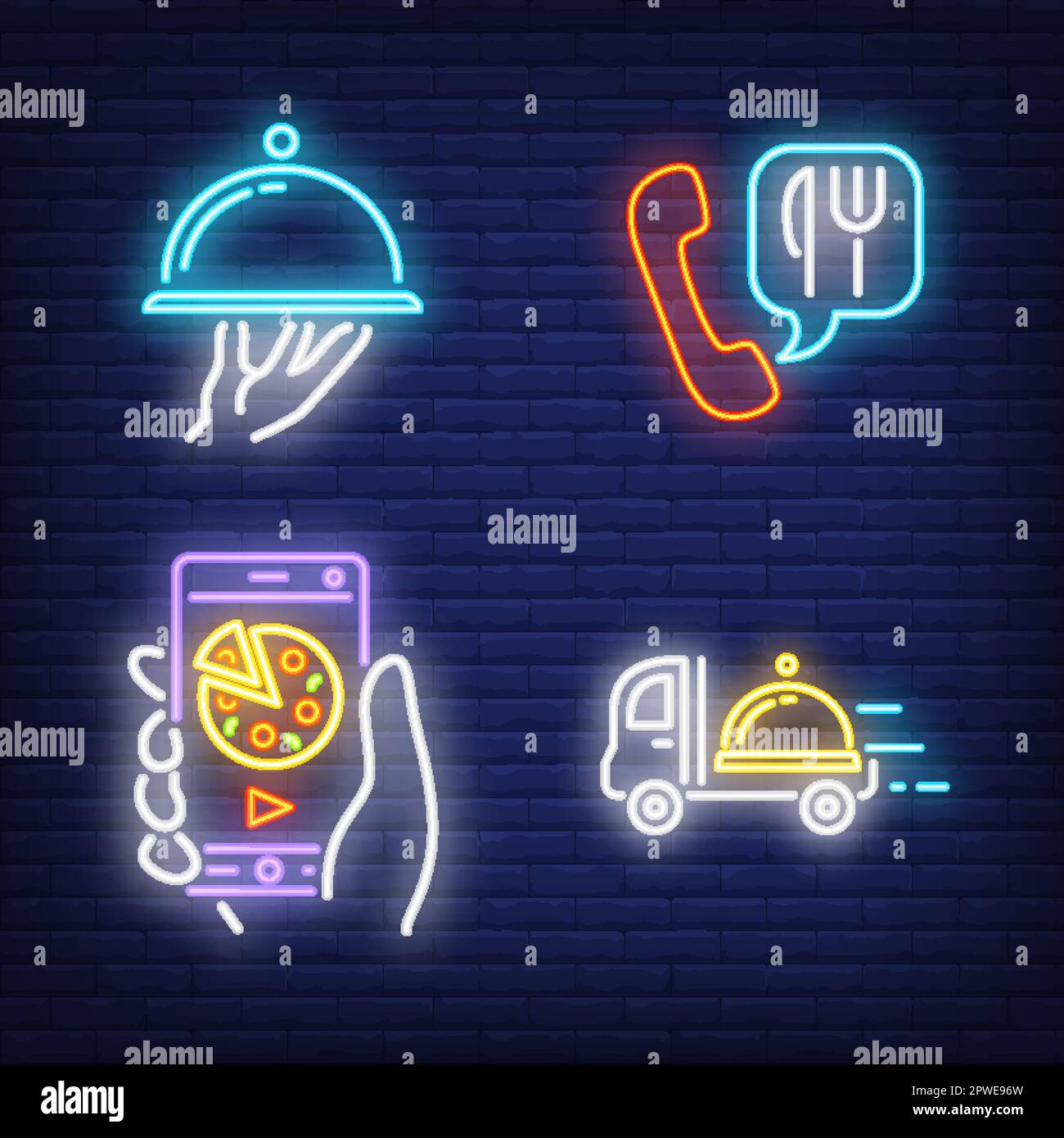 Food online, phone order and truck with serving tray neon signs Stock ...
