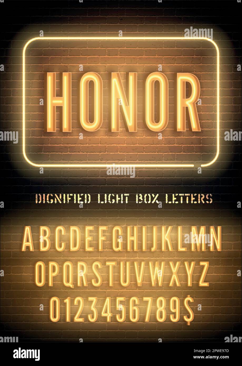 Honor sign and yellow neon box font with numbers on vector dark brick ...