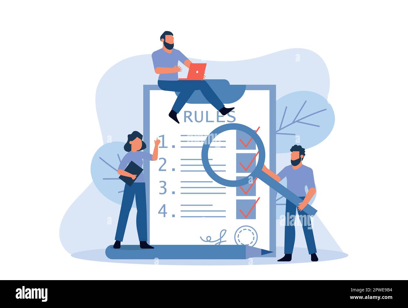 Company rules, laws and restrictions. A man and a woman study the rules together. Concept vector ...