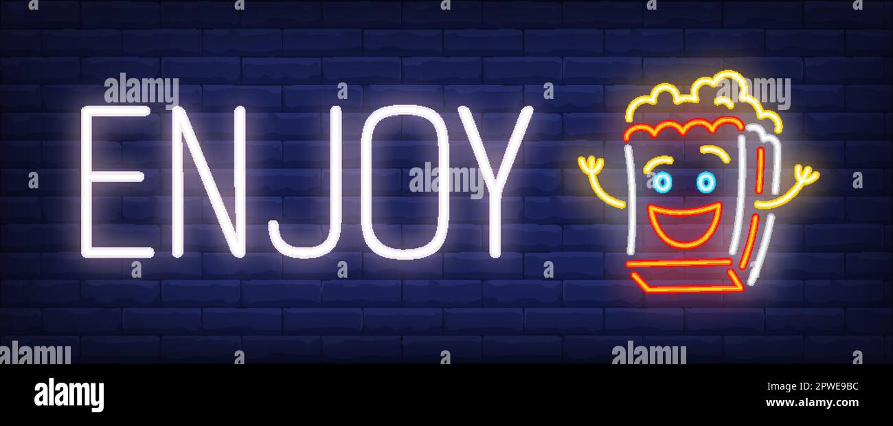 Enjoy neon text with happy popcorn paper box cartoon character Stock ...