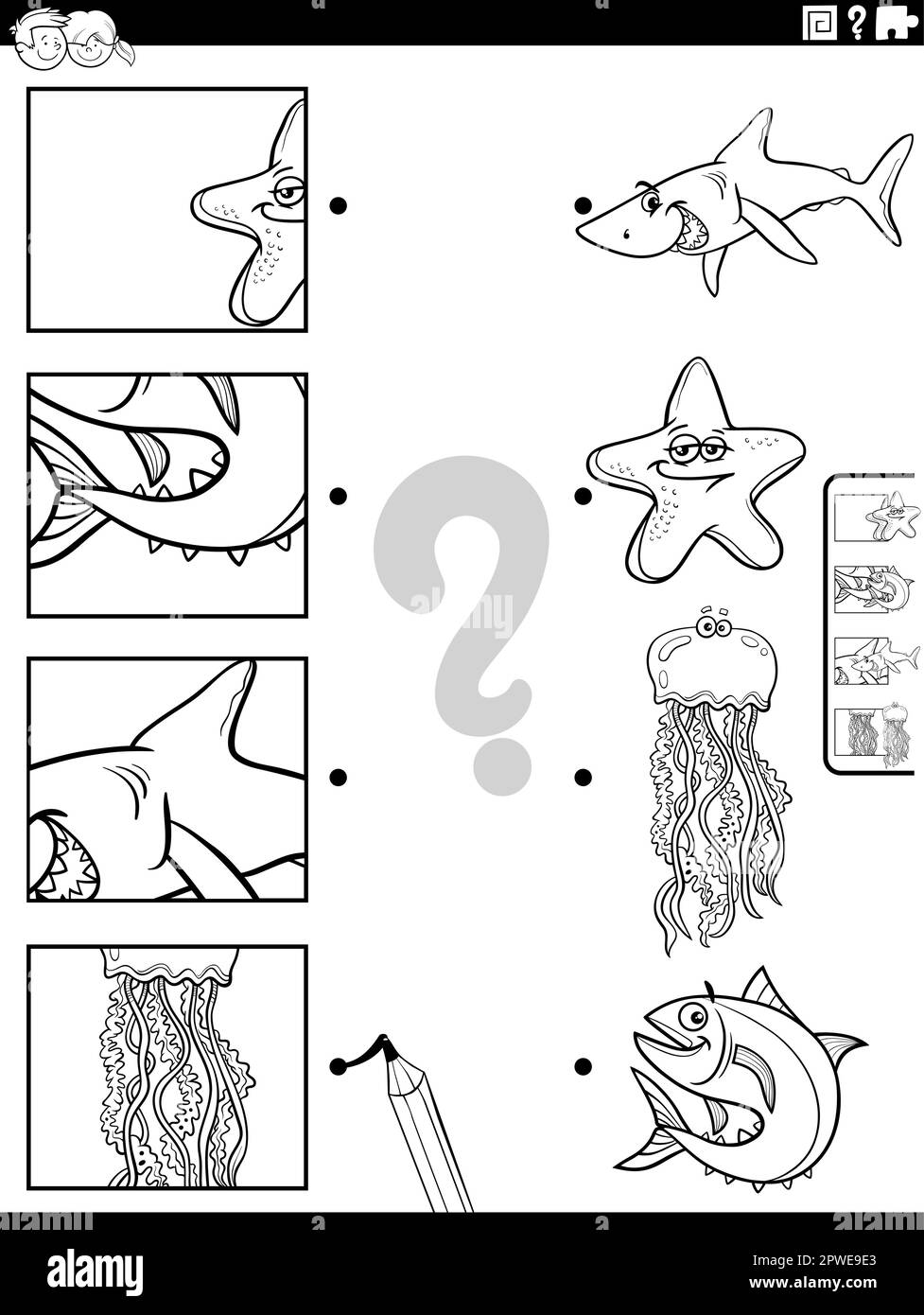 Black and white cartoon illustration of educational matching game with ...