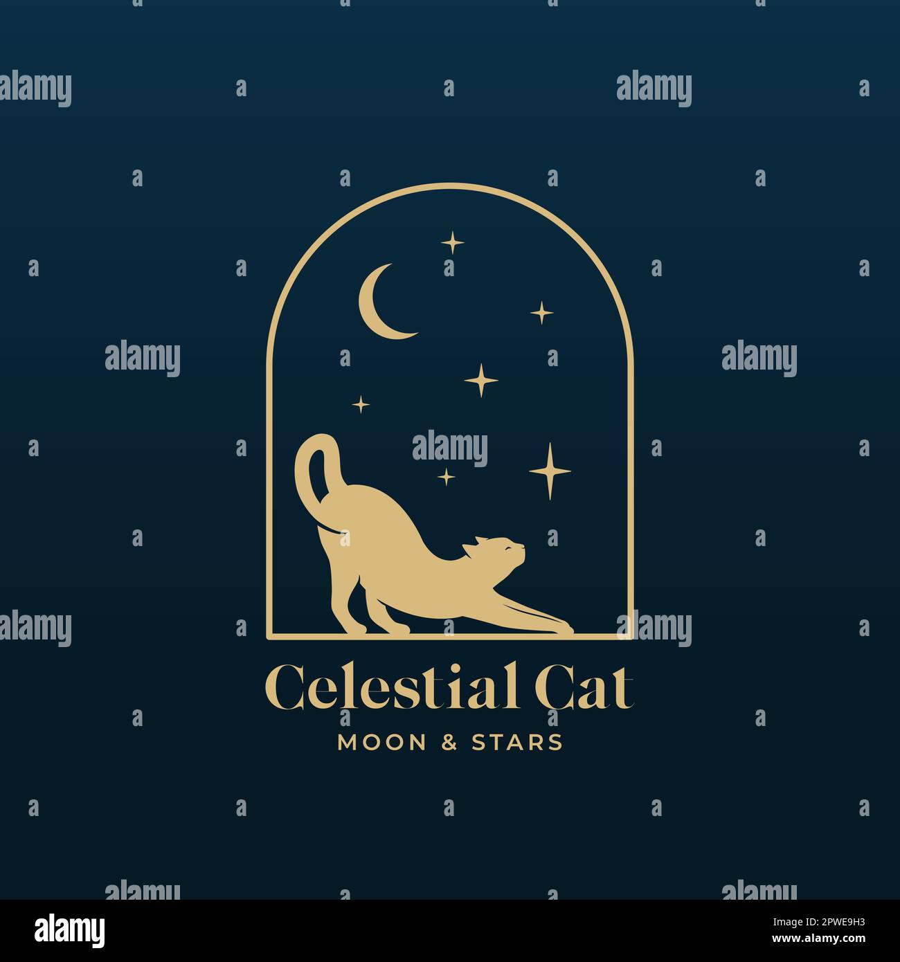 Celestial cat absttract vector logo template. Stratching cat silhouette ...