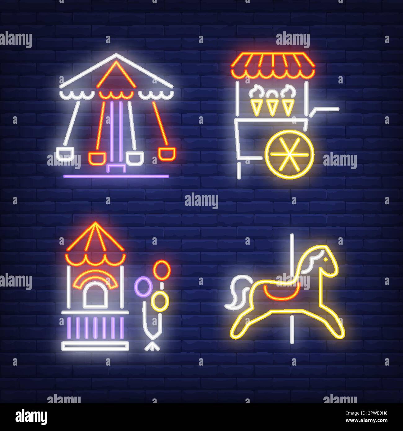 Carousel horse, ice-cream cart and ticket booth neon signs set Stock ...