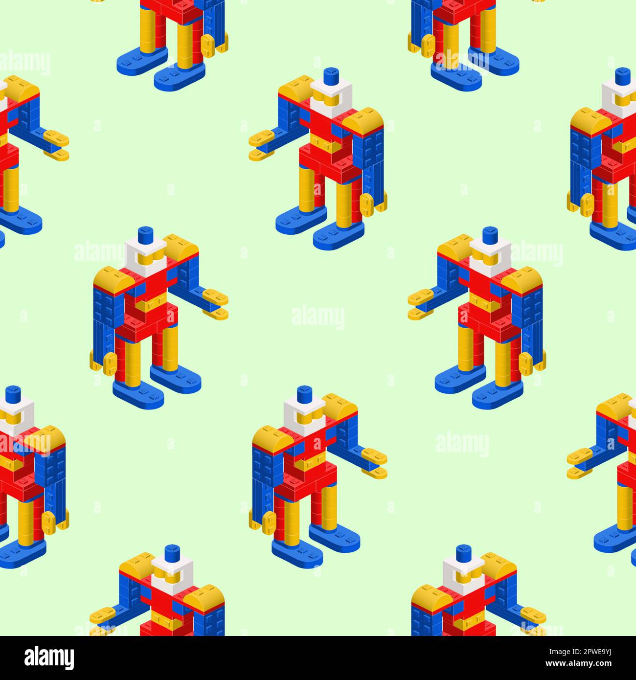 Bright pattern of robots assembled from plastic blocks in isometric style for printing and ...