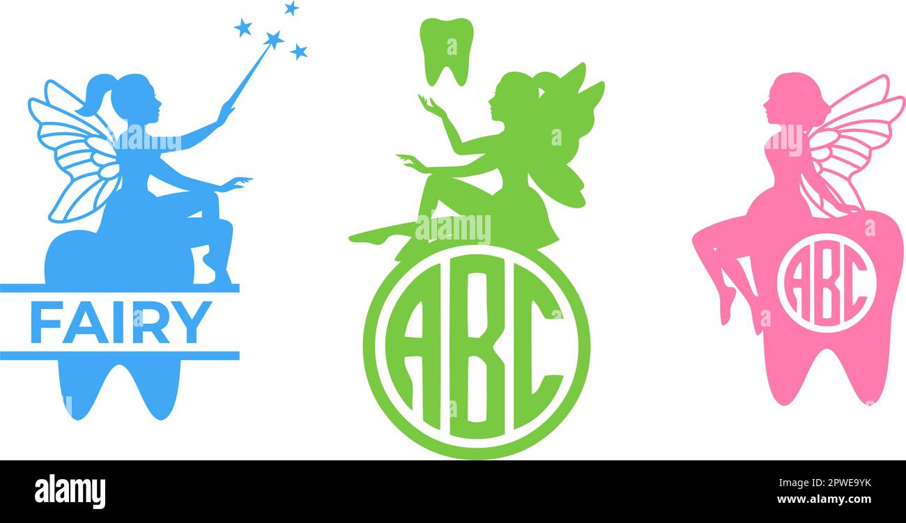 Set of tooth fairies with tooth monogram. Dental monogram. Funny tooth ...