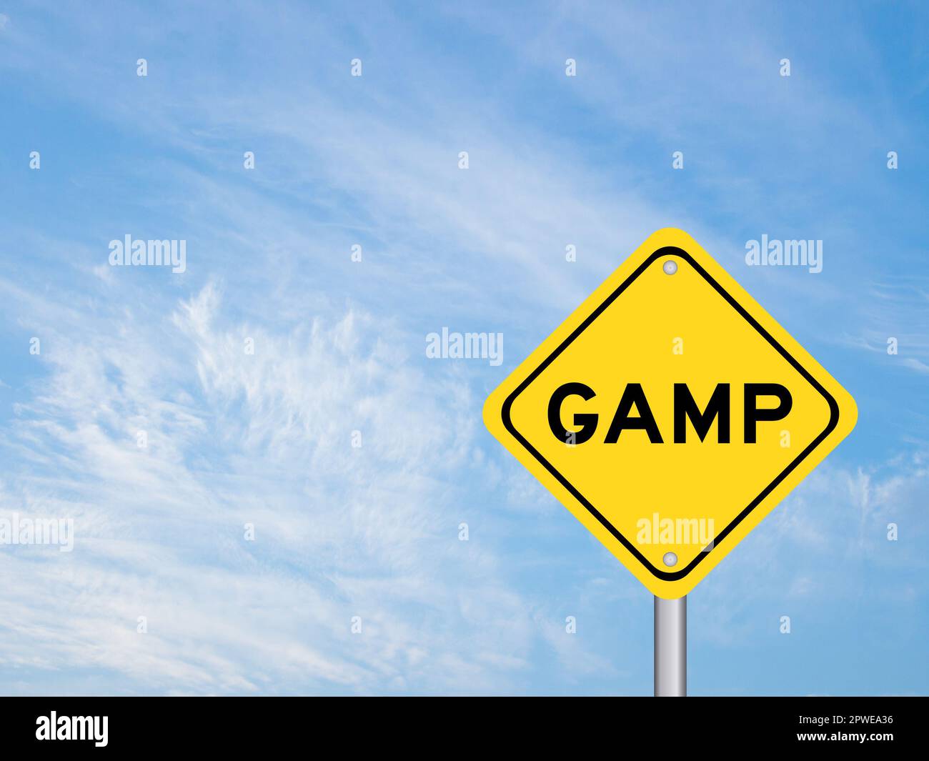 Yellow transportation sign with word GAMP (Abbreviation of Good ...