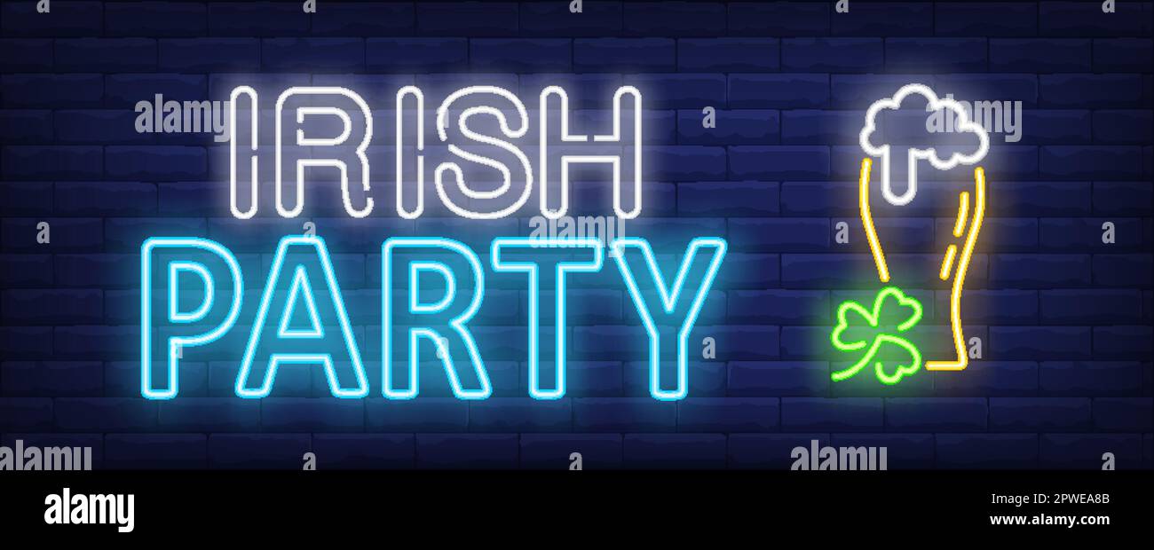 Irish party neon sign. Beer glass with shamrock Stock Vector Image ...