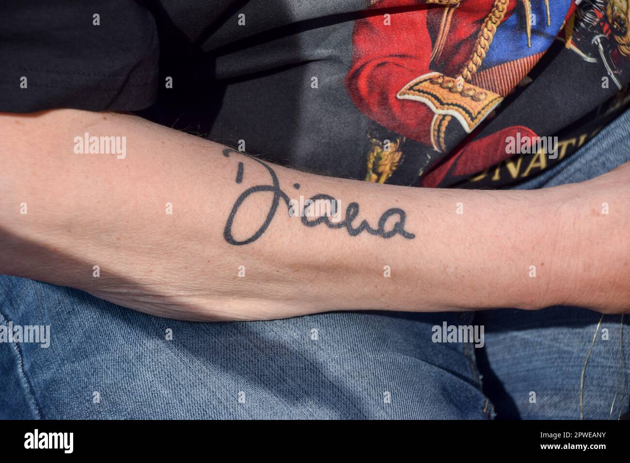London, England, UK. 30th Apr, 2023. Princess Diana tattoo on the arm ...