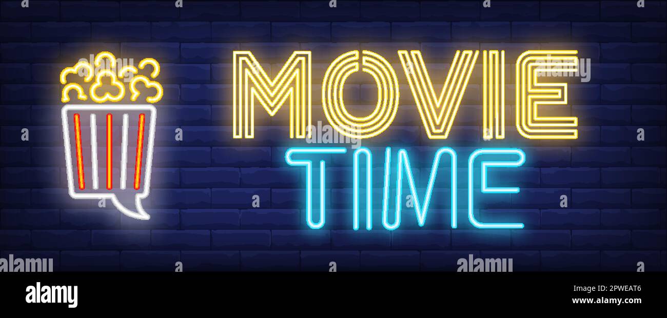 Movie time neon text with popcorn speech bubble Stock Vector Image ...