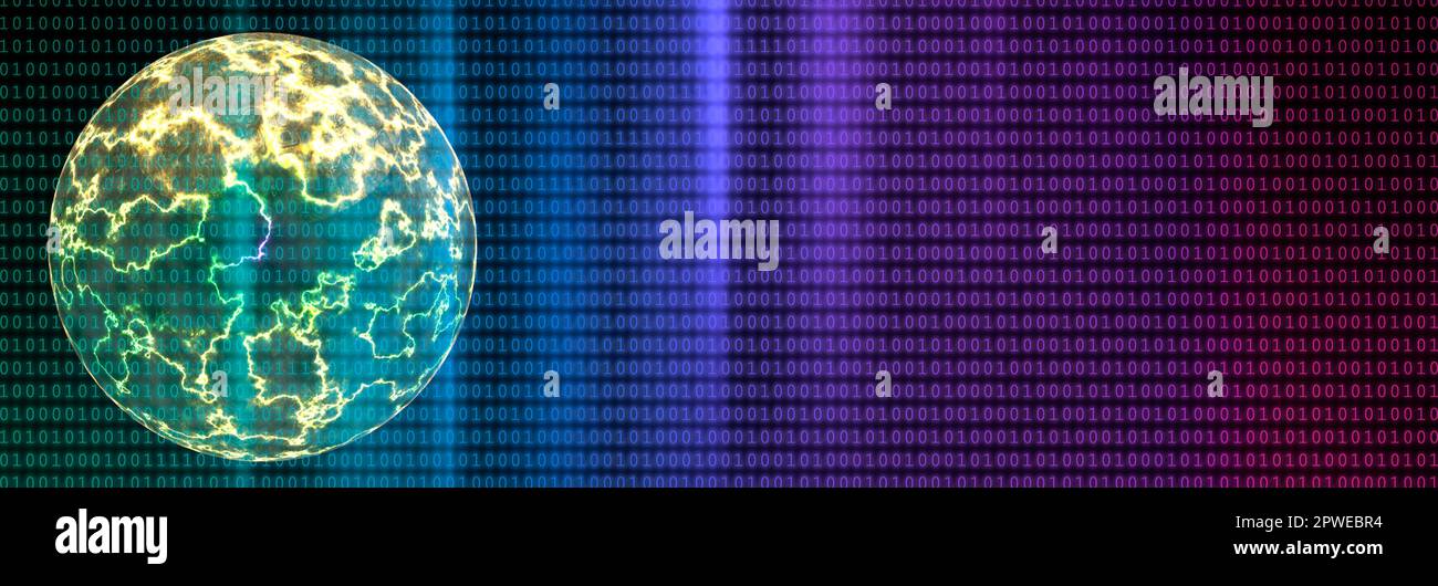 Futuristic neon background. Sparkling planet on a background of binary ...