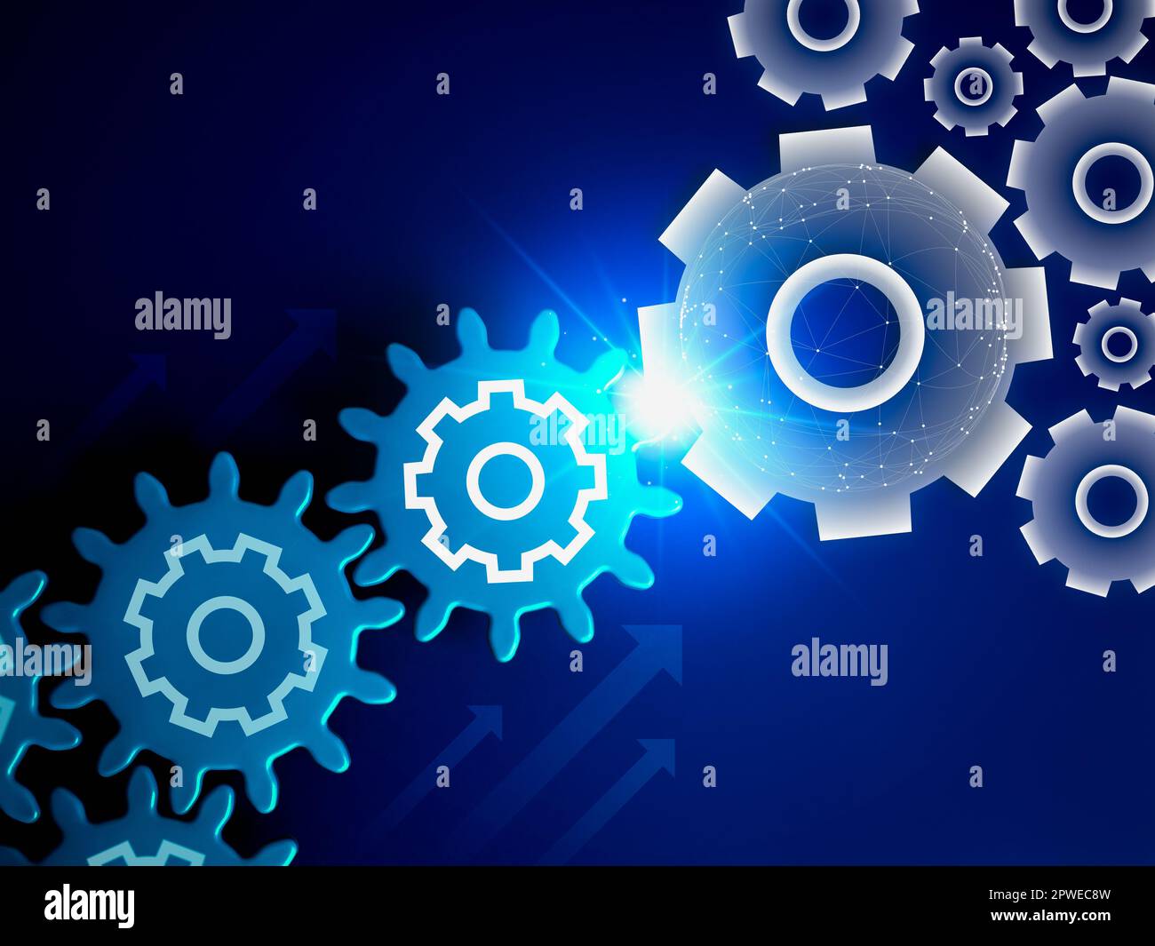 Blue shiny light bulb on digital gear wheels graphic icon connected with real gear cog wheels ...