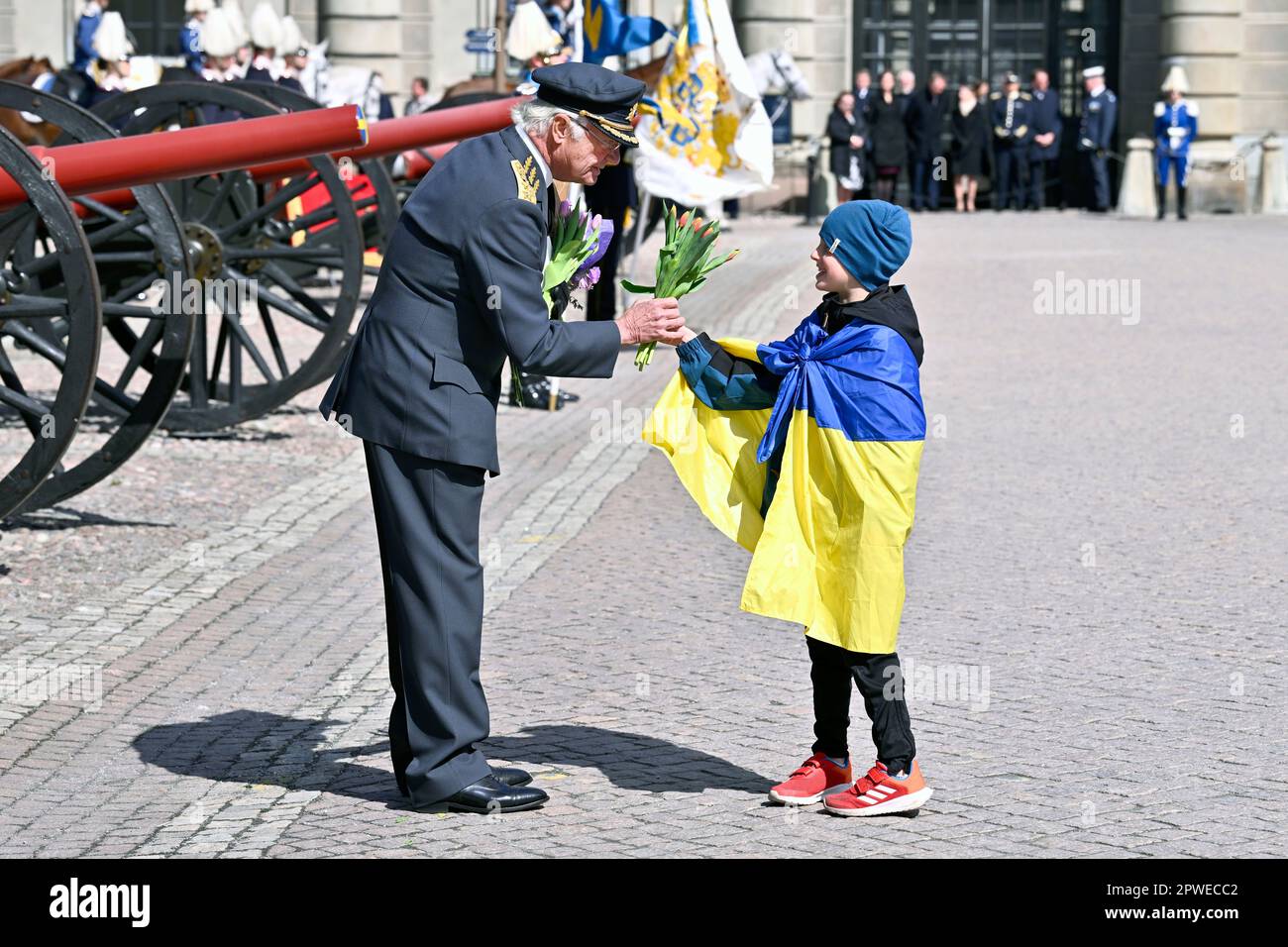 STOCKHOLM 20230430King Carl XVI Gustaf receives flowers from children ...
