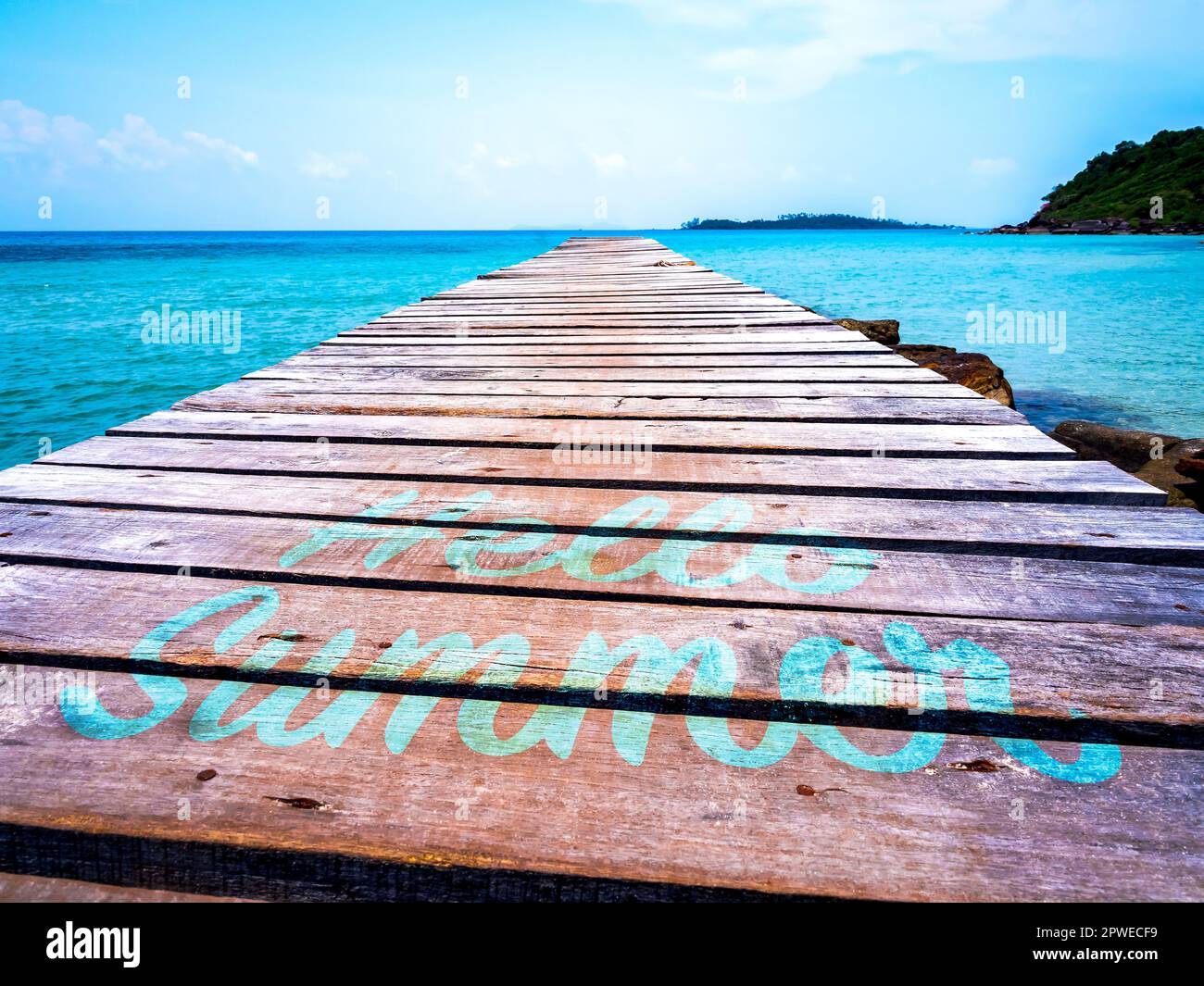 Hello summer concept. Relaxing calligraphy font of "HELLO SUMMER", aqua ...