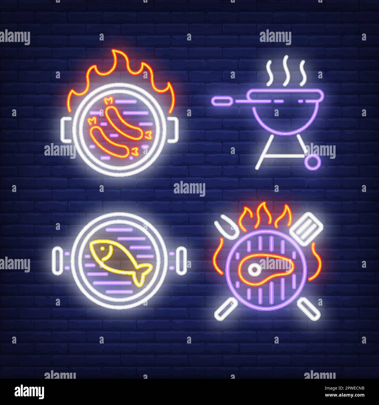 BBQ equipment, sausages, fish, steak on grill neon signs set Stock ...