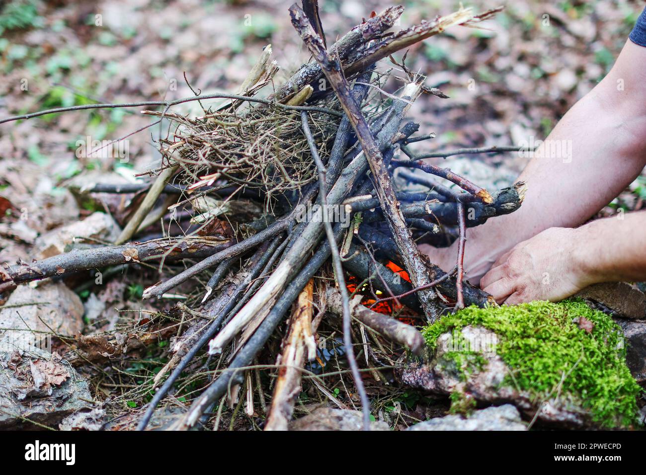 Low angle shot of a man is trying make a fire in the forest. Close-up ...