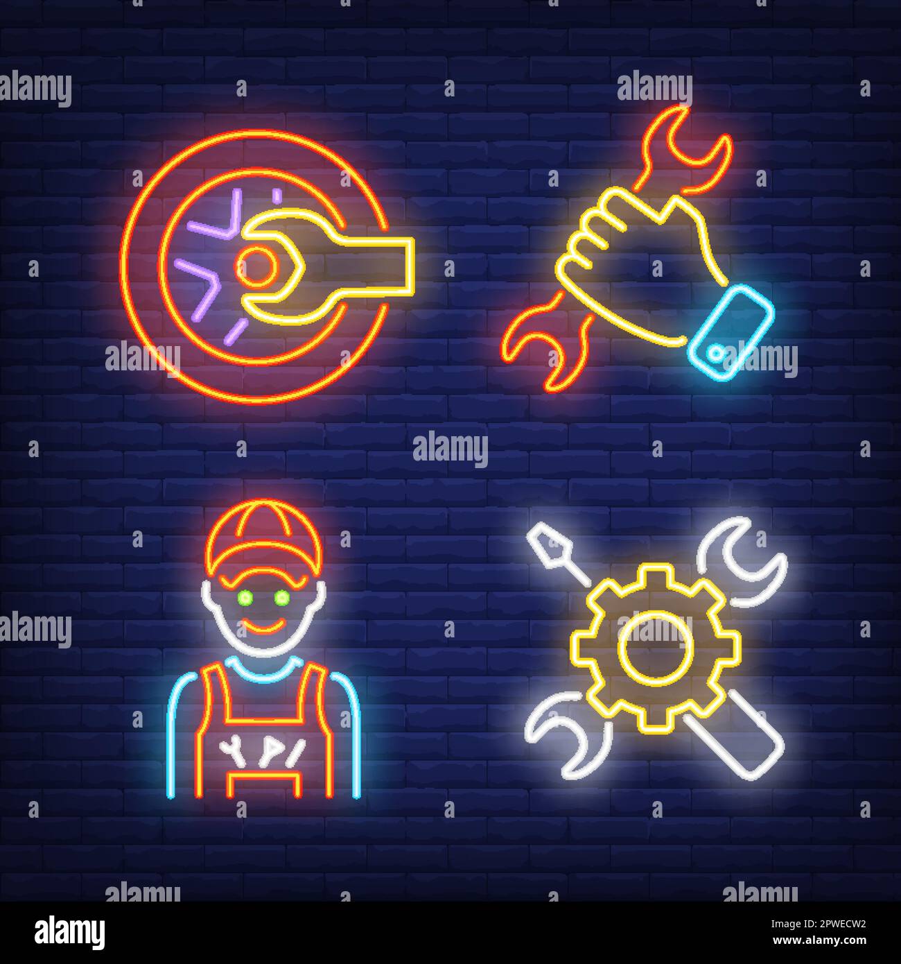 Automobile mechanic, wheel, gear and wrenches neon signs set Stock ...