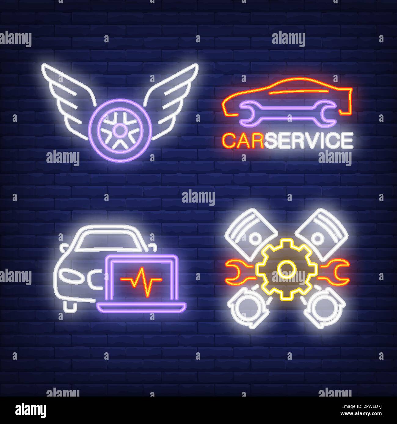 Car diagnostics, wheel, gear and spanners neon signs set Stock Vector ...