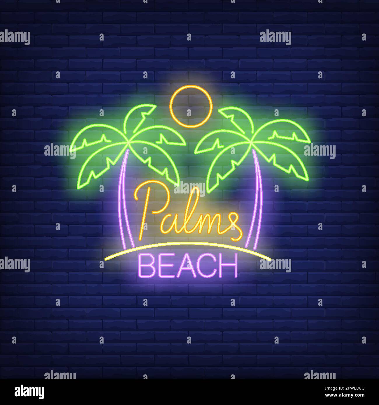 Palms, beach neon text with sun Stock Vector Image & Art - Alamy