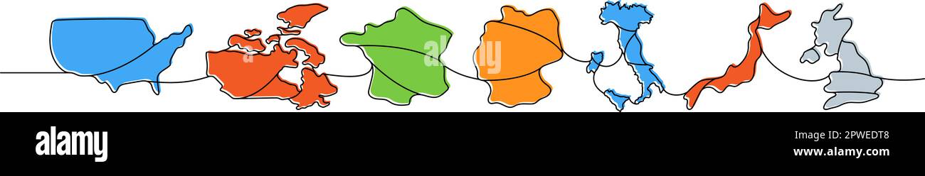 Group of Seven countries colored one line drawing. USA, Canada, France ...