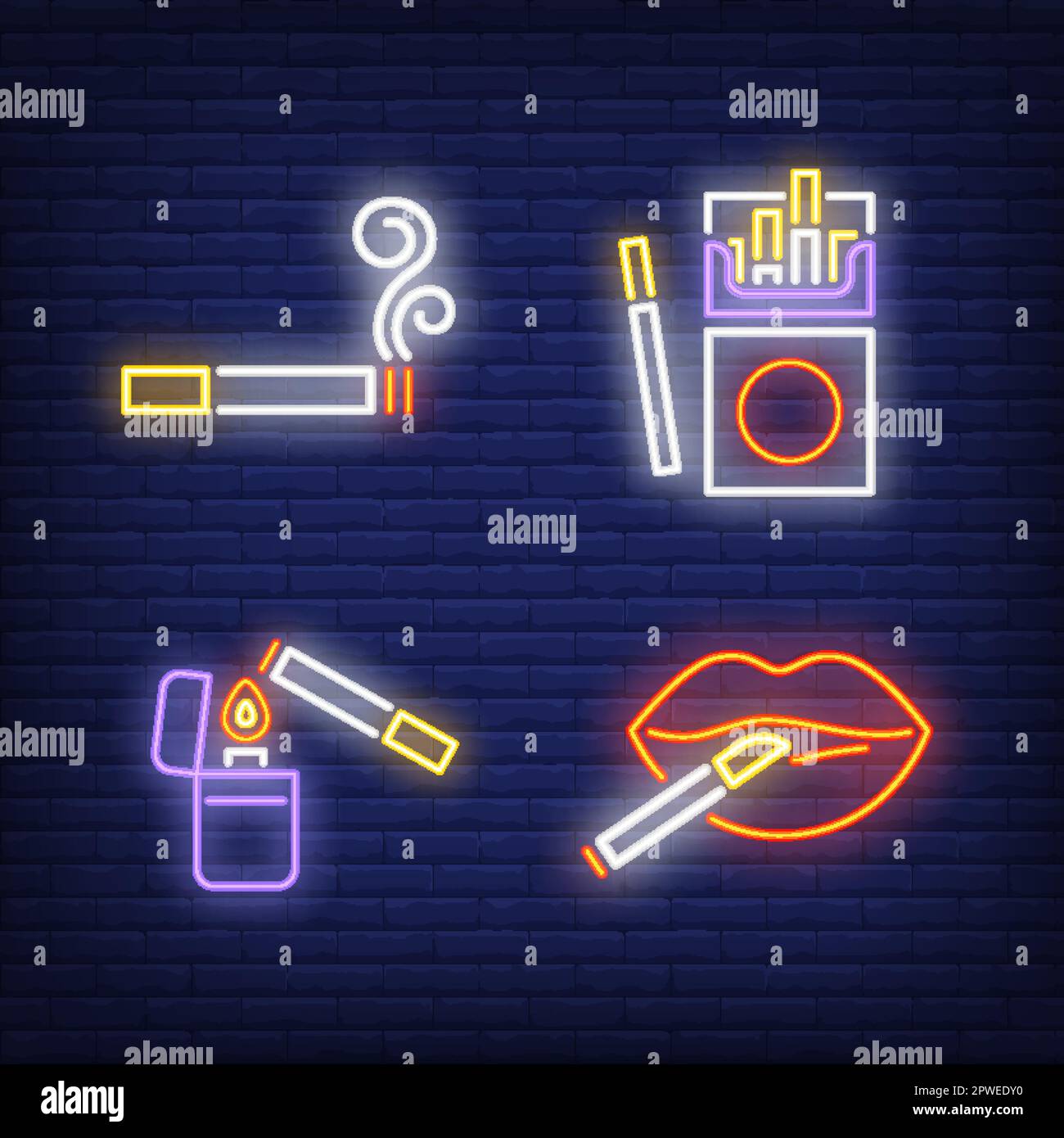 Cigarettes, woman lips and lighter neon signs set Stock Vector Image ...