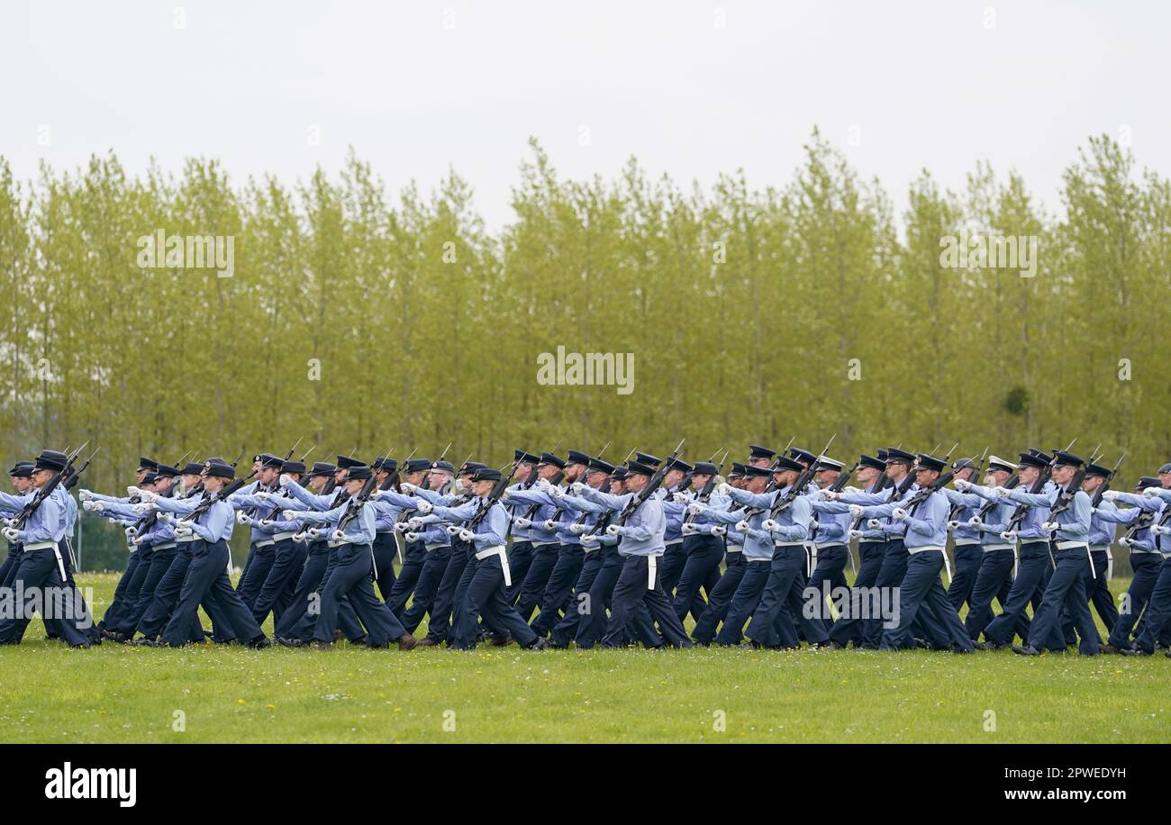 Members of the Royal Air Force march during a full tri-service and ...