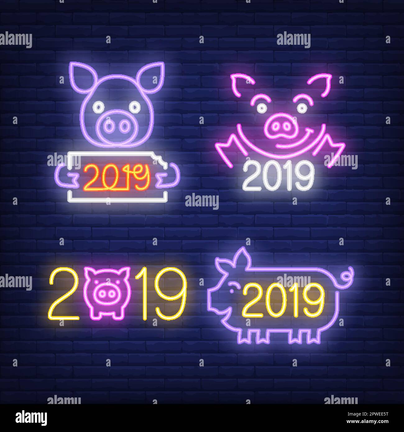 Pigs, year two thousand nineteen neon signs set Stock Vector Image ...