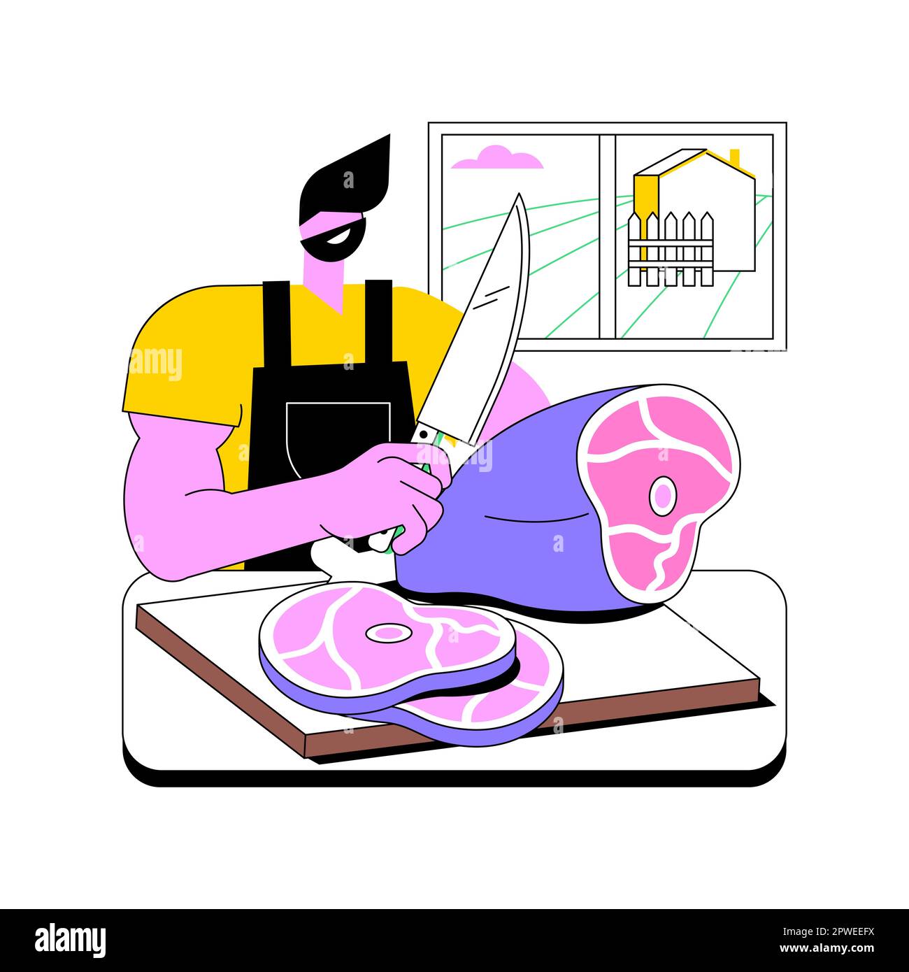 Farm meat products isolated cartoon vector illustrations. Man cuts the ...