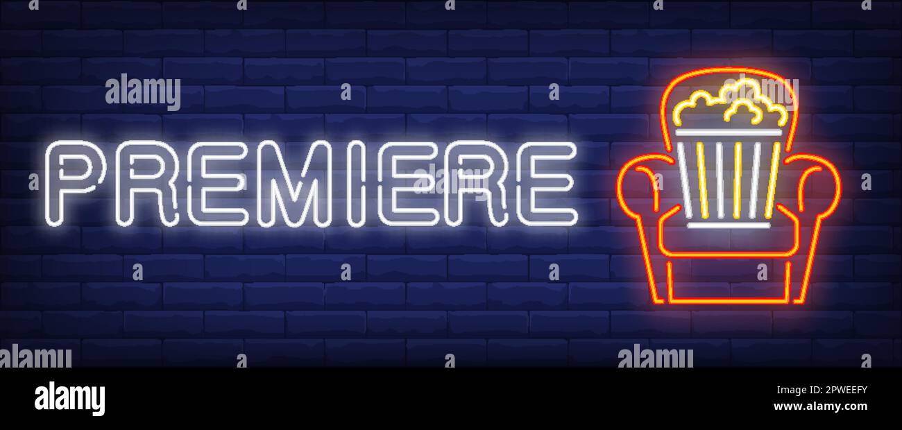 Premiere neon text with popcorn bucket in armchair Stock Vector Image ...